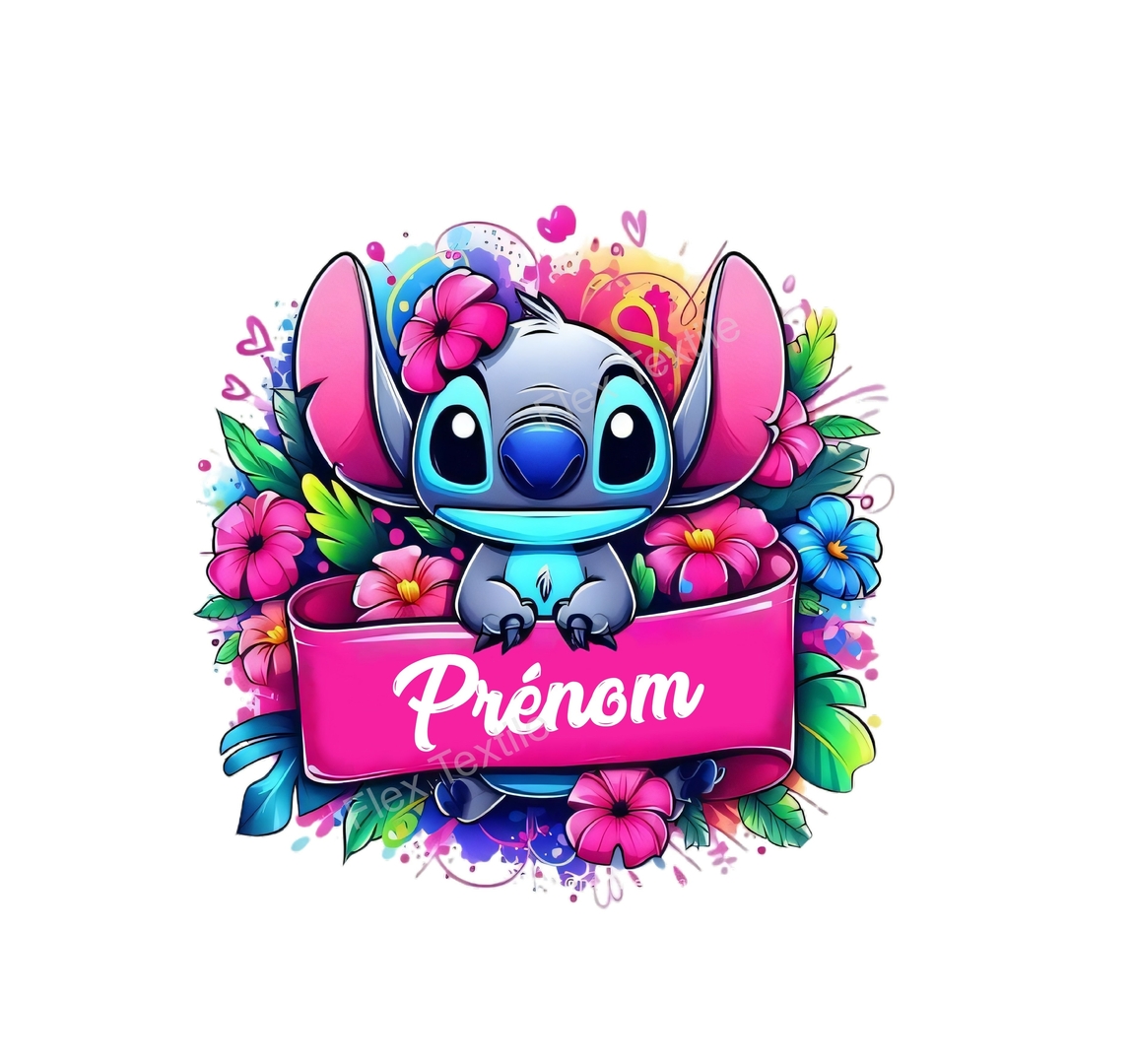 Stitch Prénom Transfert Thermocollant - Prêt à poser - Designs Stickers ou DTF/Jeux/Films ...