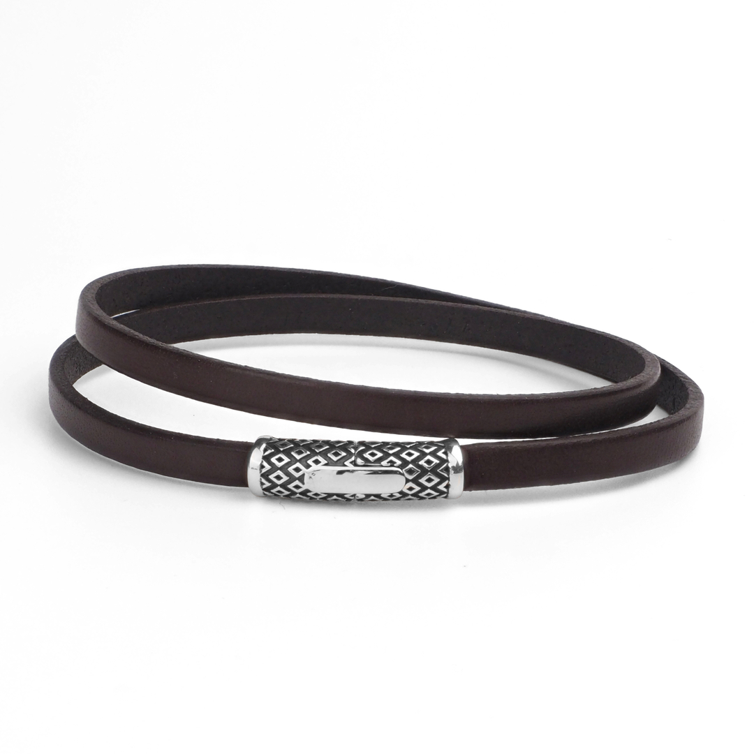 Bracelet Homme Cuir et Argent - Chevron Marron - Horn & Stones