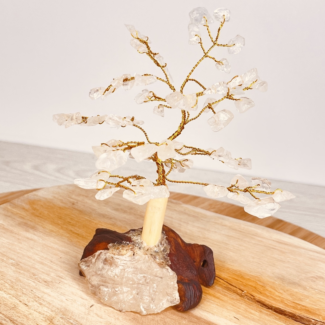 Arbre de vie en cristal de roche / quartz blanc avec pied en bois ...