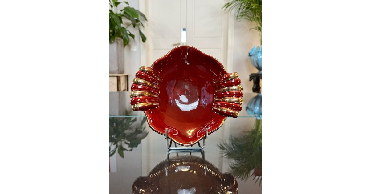 Vide poche Art Déco en faïence rouge décor à l'or fin | Lignes croisées