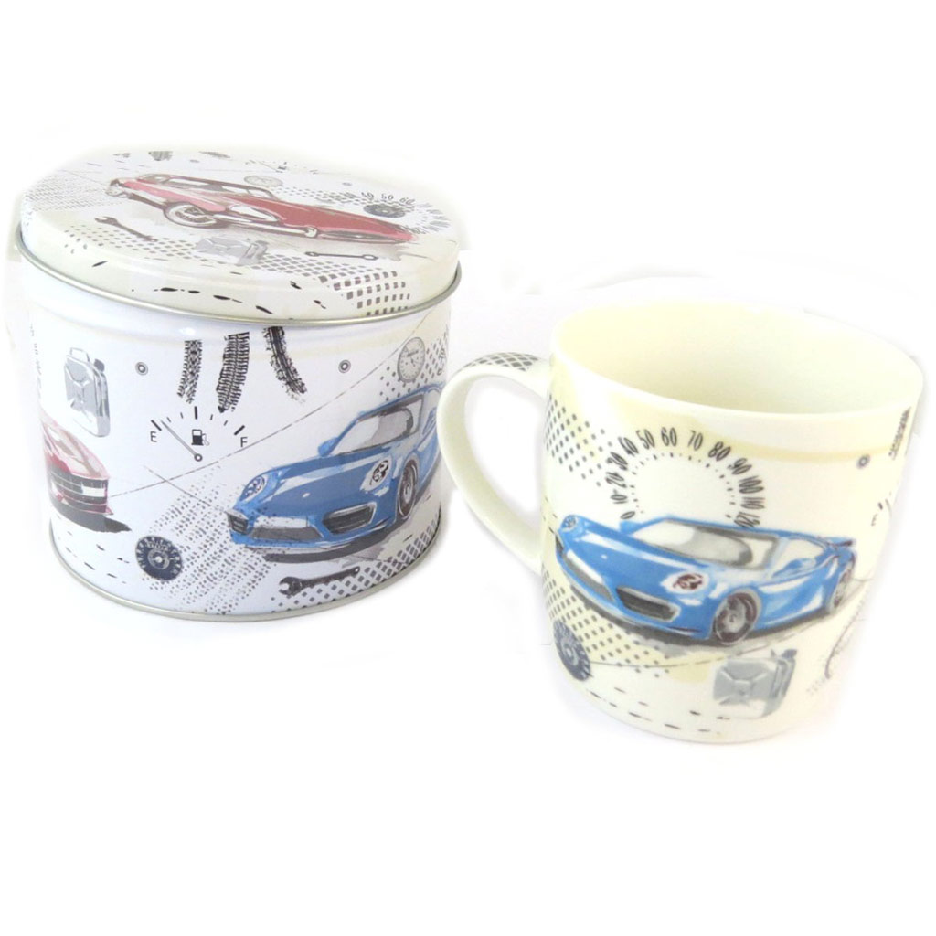 Mug porcelaine 'Vintage Cars' beige multicolore (+boite métal) - [P0255]