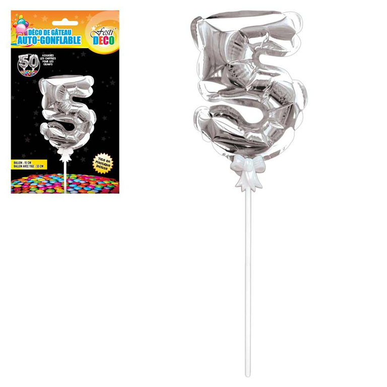 Décoration de gateau ballon métallique 'Chiffre 5' argenté - 15 cm ...