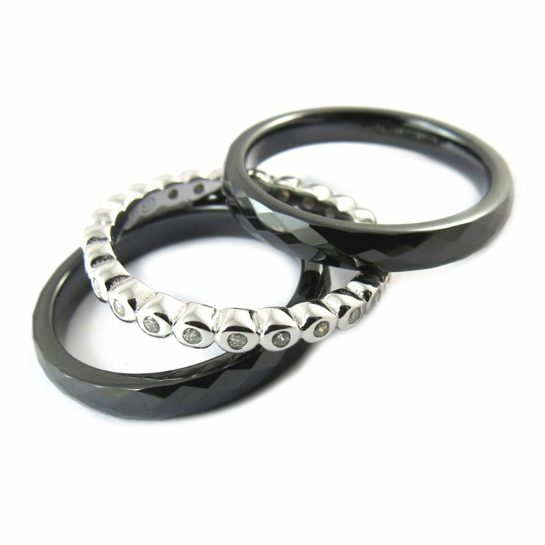 Bague argenté 'Sissi' noir blanc (céramique) - 8 mm - [P0163]