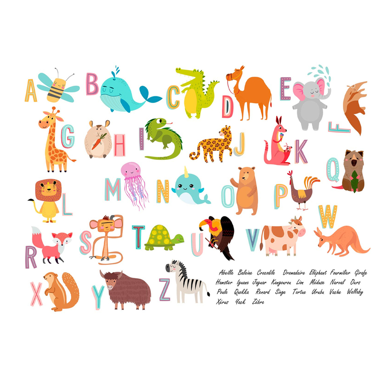 Planche de stickers 'Alphabet Animaux' multicolore - 50x70 cm - [R3407]