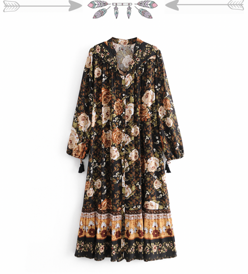 Robe longue boutonnage imprimée fleurs boho boheme chic monyronyboho