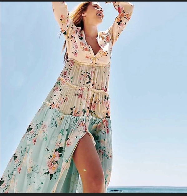 Robe longue imprimé fleurs vintage boho boheme chic DRESSL1759 - Robes ...