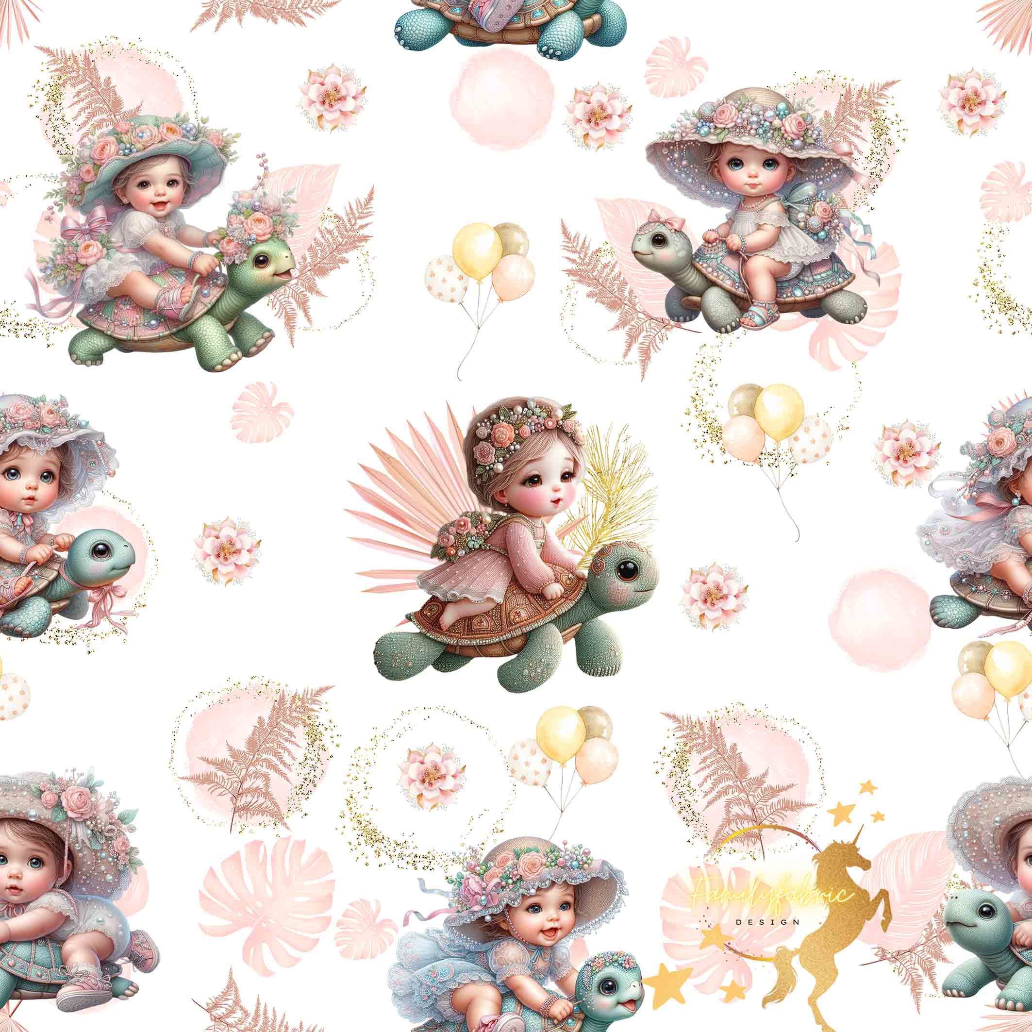 Feuillage Rose Tortue et Enfant - Nos Motifs Tissus/Forêt - FamilyFabric