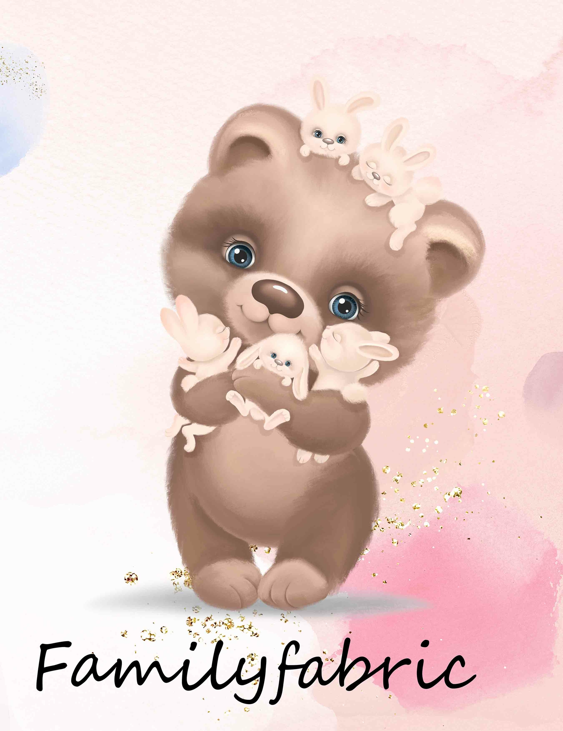 Panneau Coussin / Couverture Ourson Câlin Fond Rose/Or - Familyfabric ...