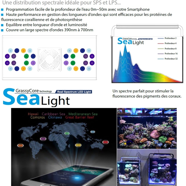 AQUAVIE GrassyCore SeaLight LED 148W Noir rampe haute puissance pour aquarium d'eau de mer ...