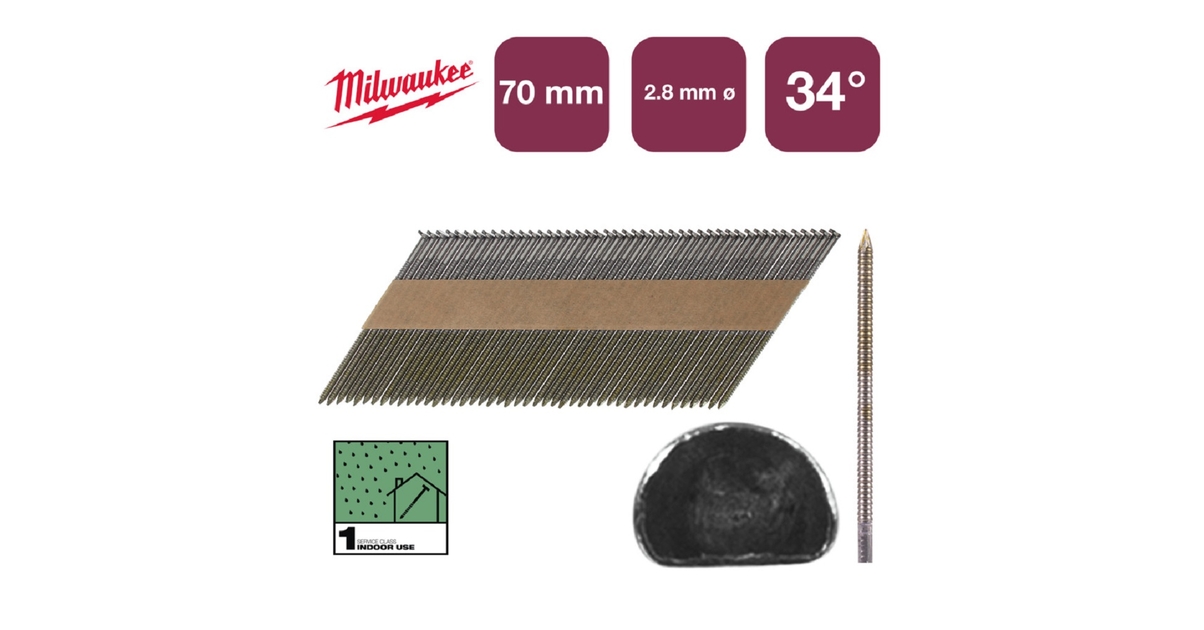 Boite de 2200 clous de charpente 34° annelés tête en D 70 mm Milwaukee ...