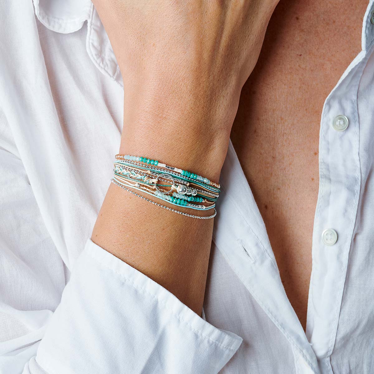 Bracelet 3 Tours Blanc-Beige-Vert Anneau Diamanté en Argent 925 - Doriane Bijoux