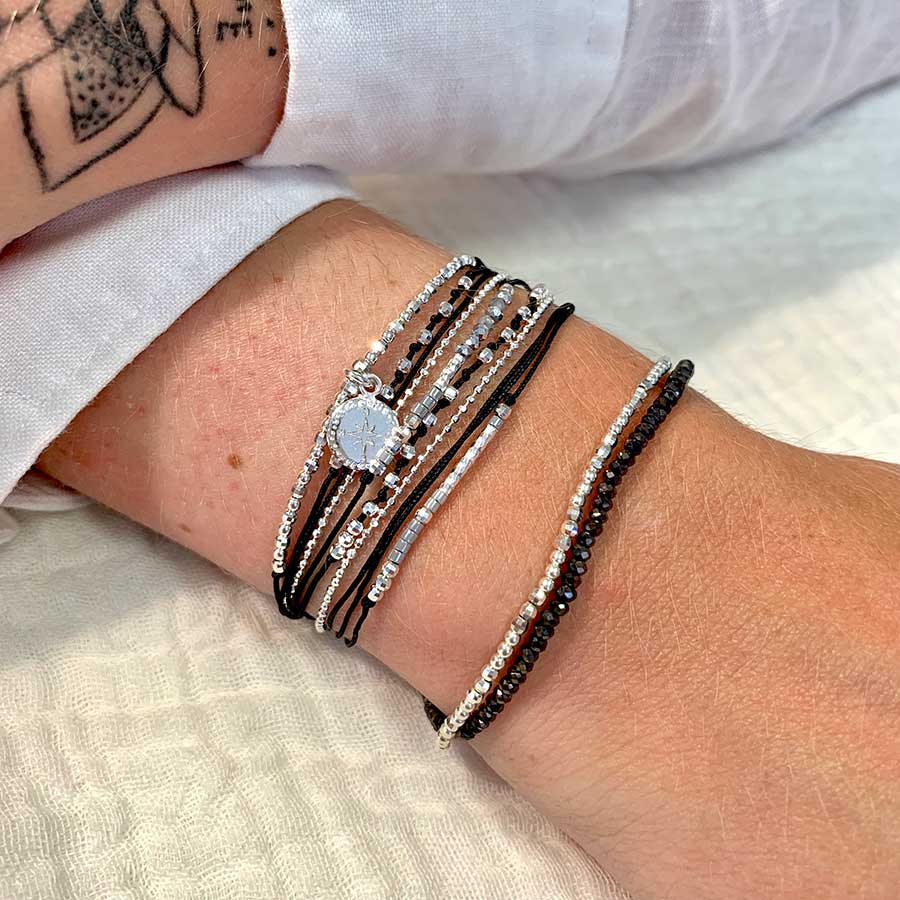 BRACELET DOUBLE TOURS ROSE DES VENTS NOIR - BRACELETS ARGENT 925 ...