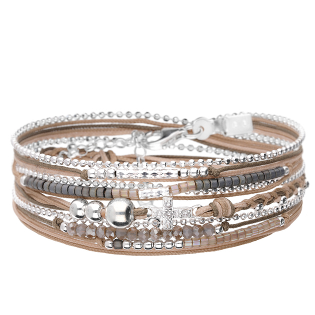 Bracelet Croix Oxyde Triple Rangs Marron Beige - DORIANE BIJOUX