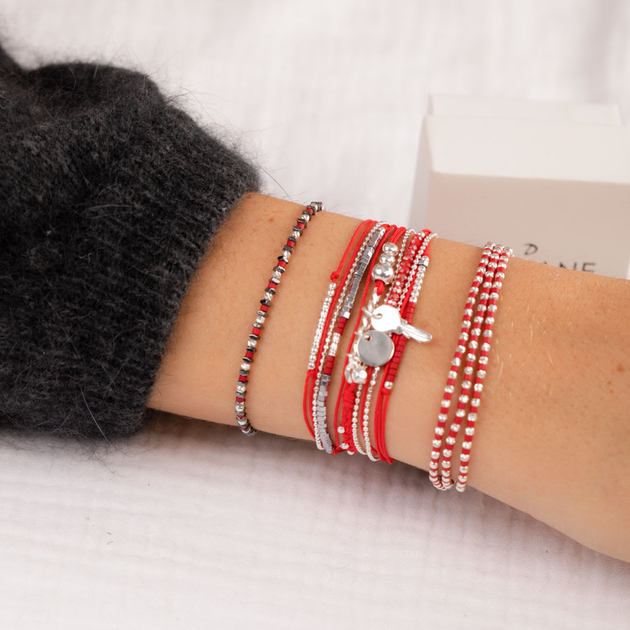 Bracelet Maille Rock Clé Pastille Pierre Double Tours Rouge