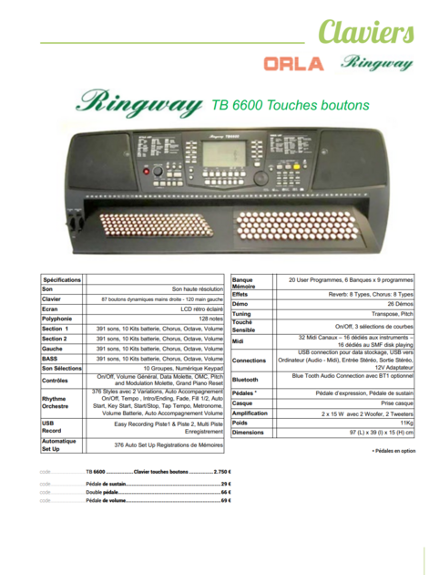 Synthé arrangeur ORLA RINGWAY TB 6600 touches boutons - PIANOS ...