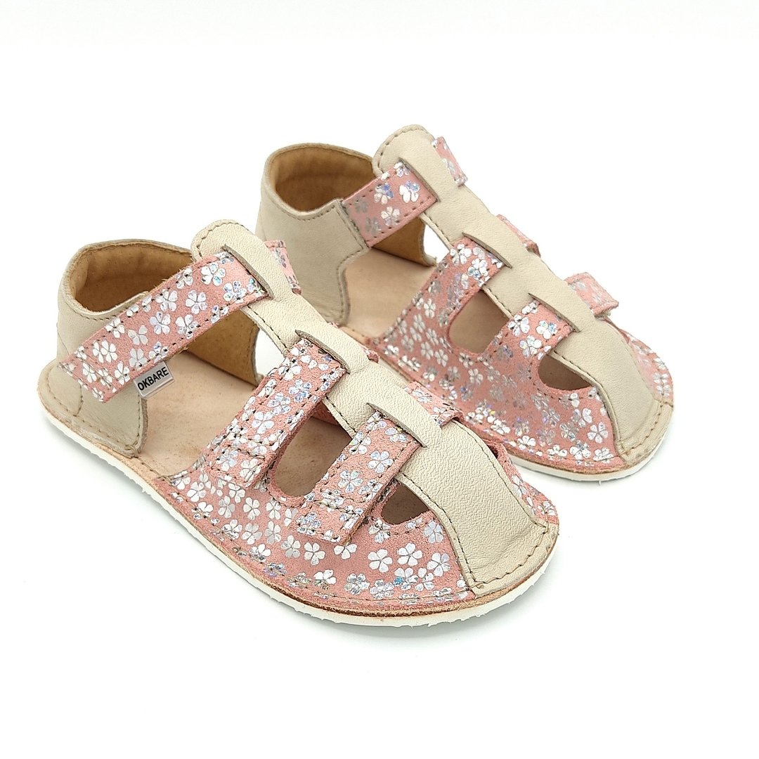 Sandales enfants OK bare® MAYA - beige et rose à fleurs scintillantes