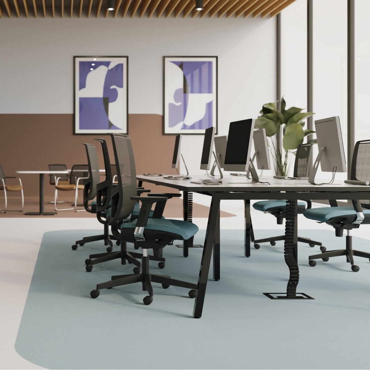 Bureau d’entreprise 6 places avec plateau en bois recyclé