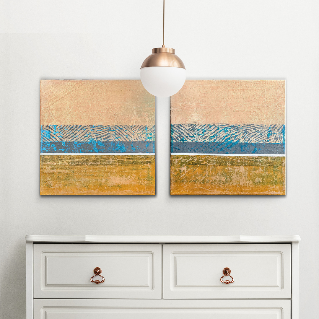 Duo de tableaux déco fait main - Peintures sur toiles carrées or rose