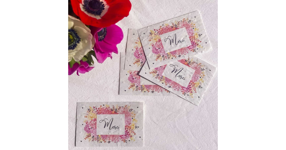 Carte Merci thème Pivoines petit format - papier ensemencé
