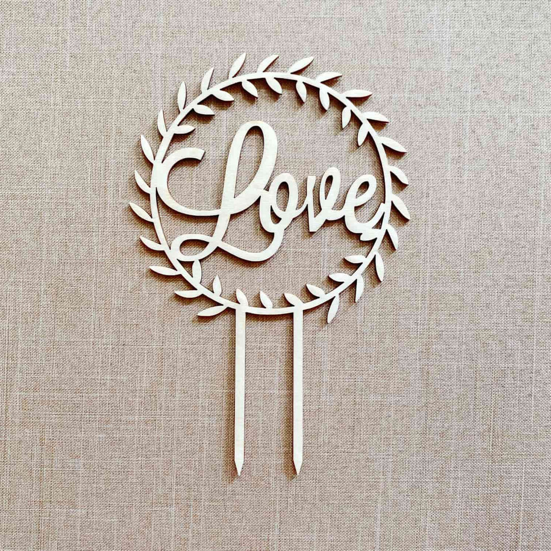 Cake Topper Love et couronne Feuillage - En Bois Éco-responsable