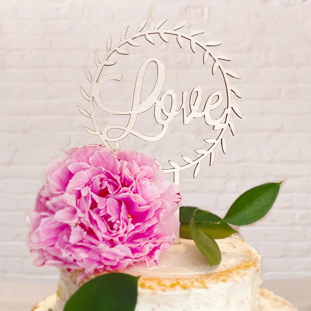 Cake Topper Love et couronne Feuillage - En Bois Éco-responsable