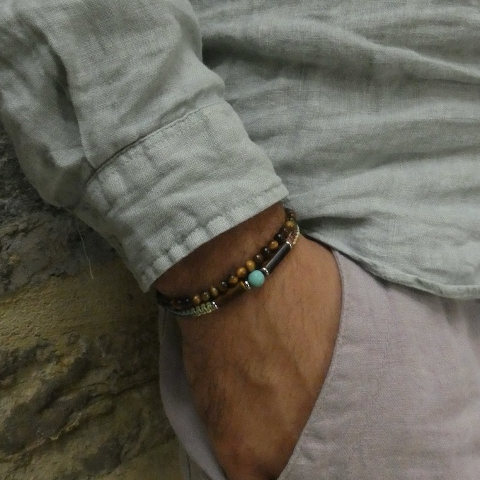 Bracelet double Horus Oeil de tigre & Turquoise - Bracelets/doubles ...