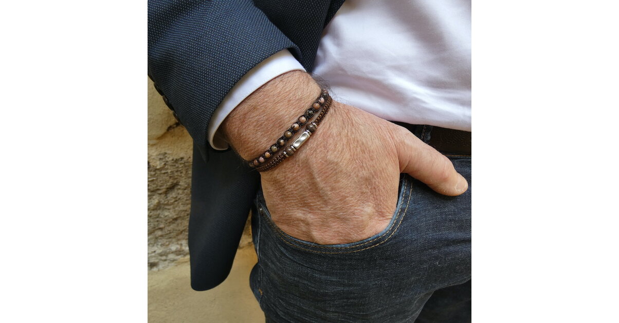 Bracelet homme deux rangs en Rhodonite et jaspe marron