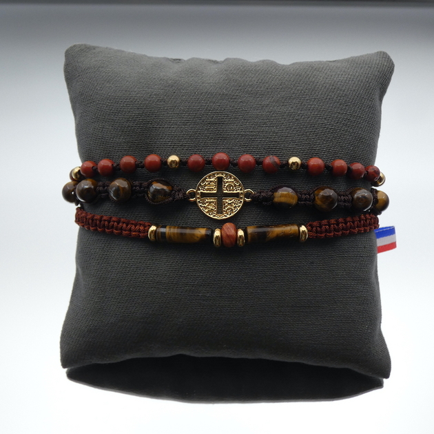 Bracelet triple Paul doré Oeil de tigre & Jaspe rouge - Bracelets ...