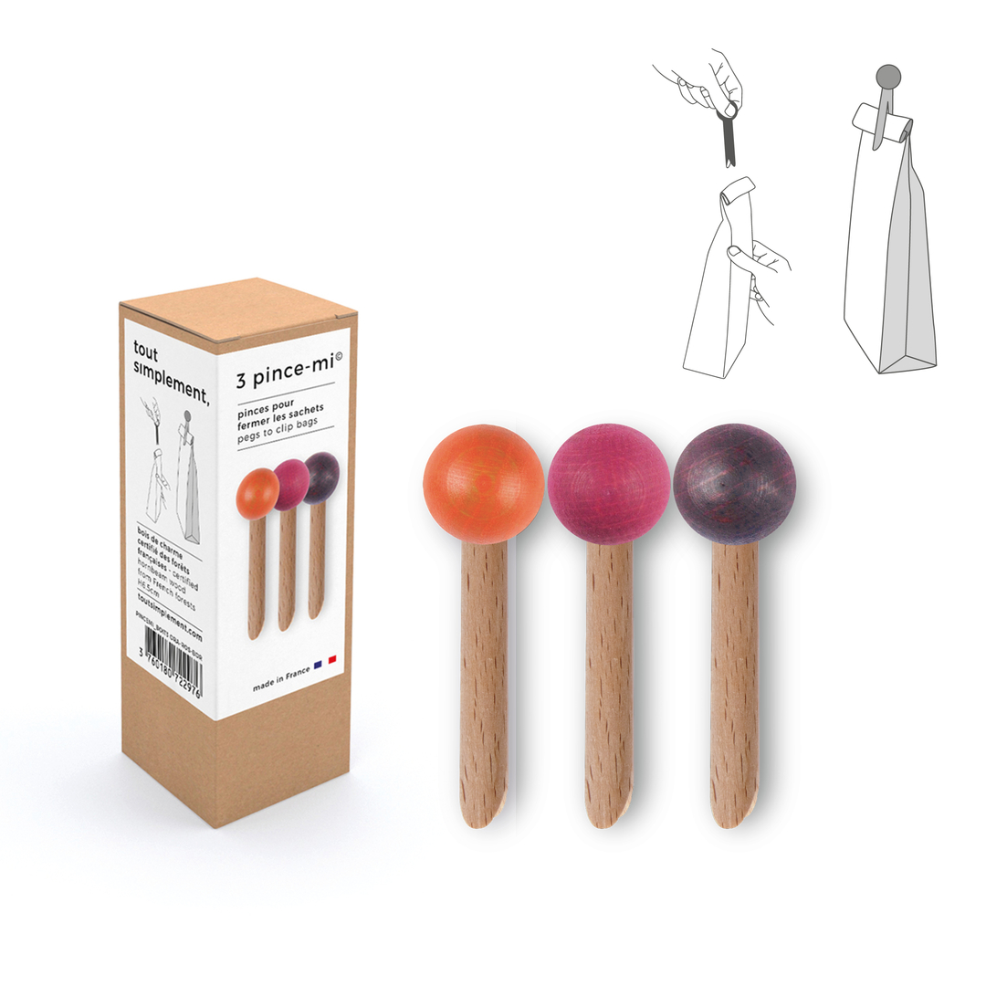 boîte de 3 pinces à sachet en bois - orange/rose/bordeaux