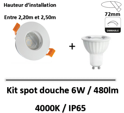Spectrum - Spot LED IP65 pour douche + lampe 6W - Blanc - 480lm - 4000K ...