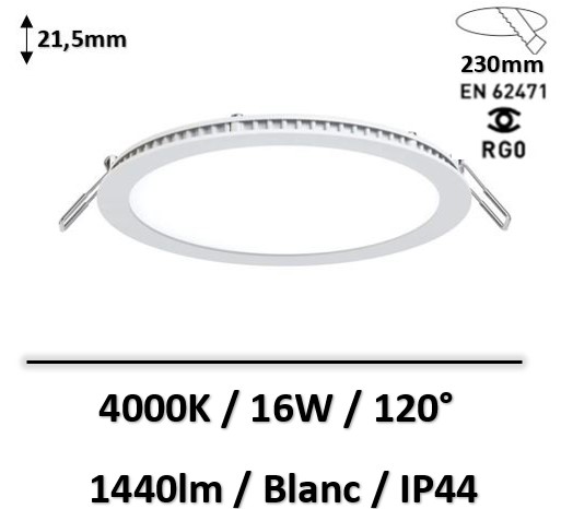 Lited - Downlight LED FLAT 16W - Blanc - 240mm - 4000K - IP44 - FLAT-16 ...