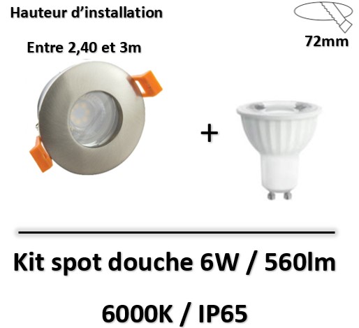 Spot LED IP65 pour douche + lampe 6W - Gris - 560lm - 6000K ...