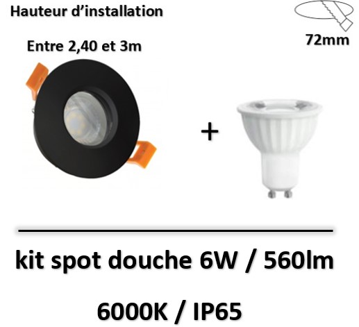 Spectrum - Spot LED IP65 douche + lampe 6W - Noir - 560lm - 6000K ...