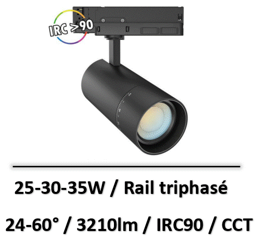 Miidex - Spot LED sur Rail avec Adaptateur 3 allumages Noir 25/30/35W ...