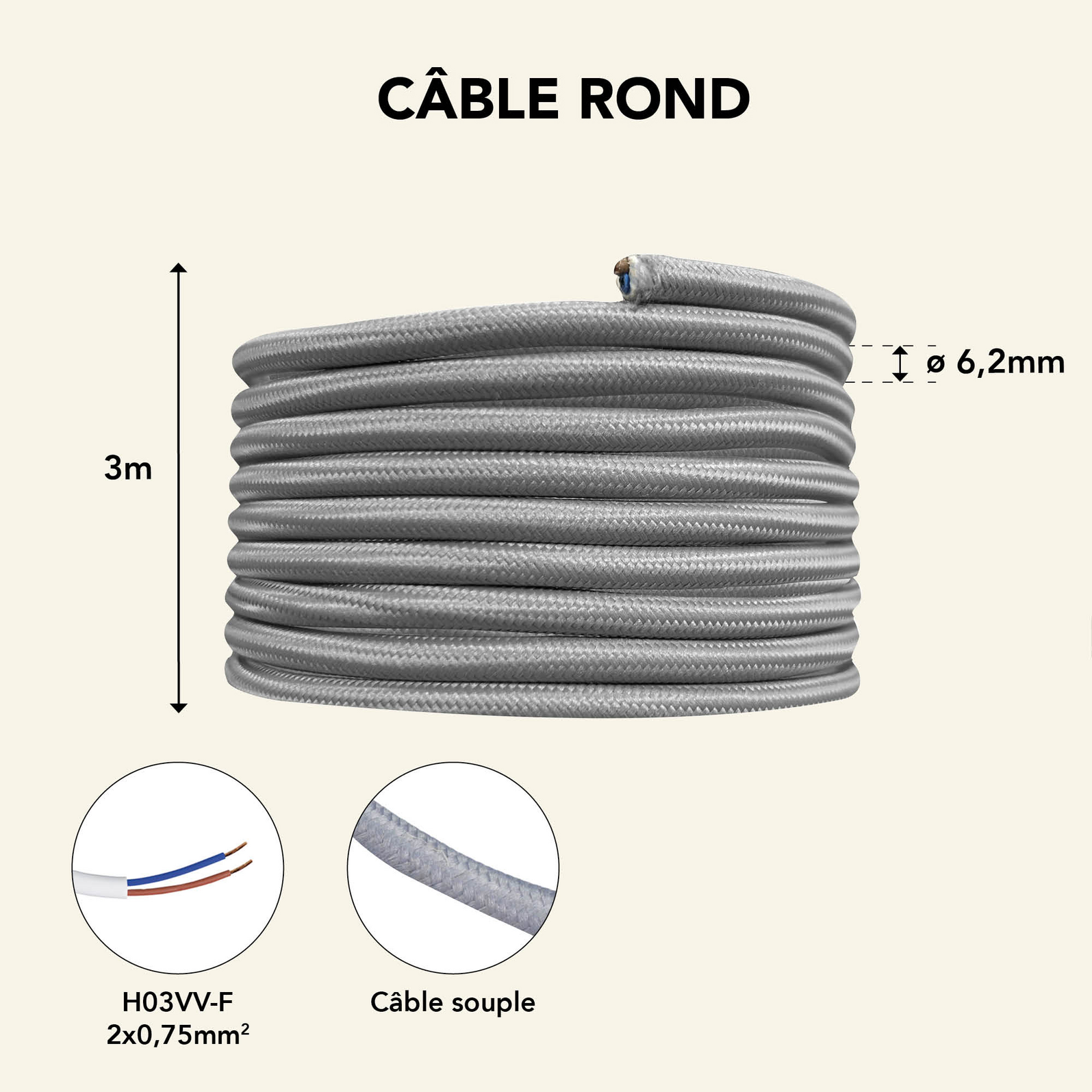 Tibelec - Câble électrique rond tissu gris 3 mètres - 073440 ...