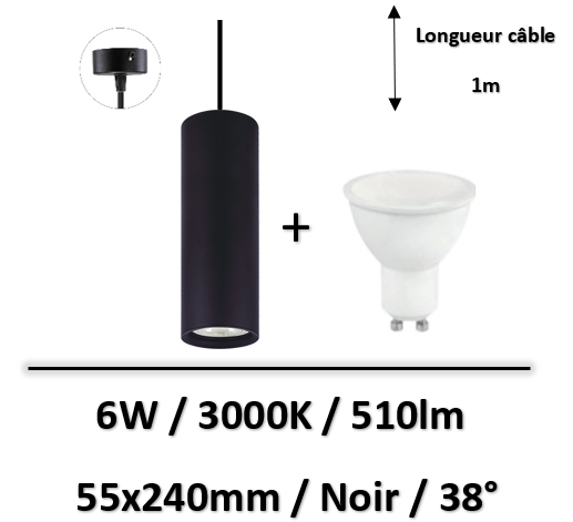 Arlux - SUSPENSION DROP-R 240 DOUILLE GU10 INCLUSE/NOIR 6W - 3000K ...