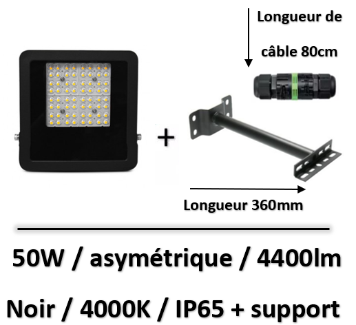 MIIDEX - PROJECTEUR LED ASYMÉTRIQUE NOIR 50W 4000K GARANTIE 5 ANS ...
