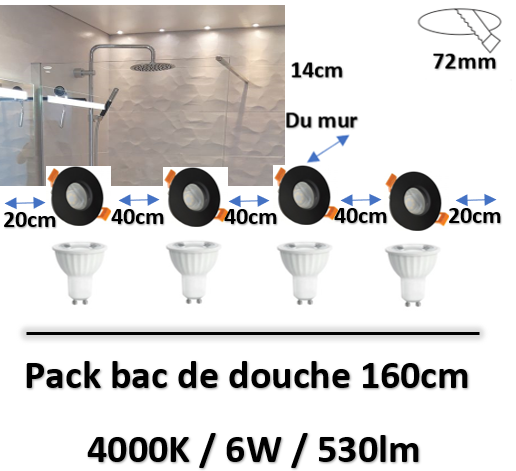 Spectrum - Spot LED IP65 pour douche + lampe 6W - Noir - 530lm - 4000K ...