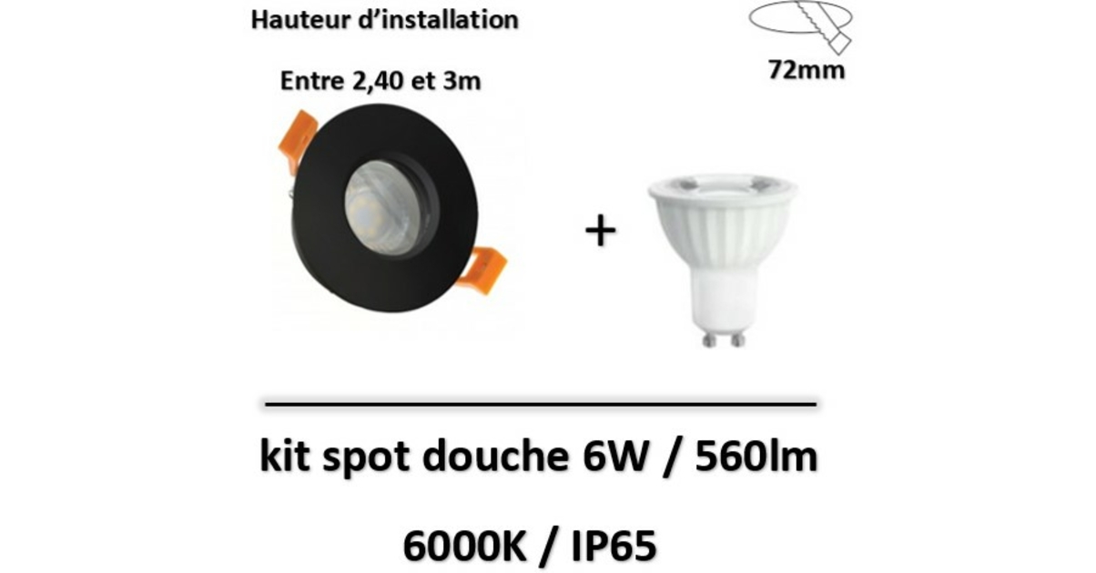 Spectrum - Spot LED IP65 douche + lampe 6W - Noir - 560lm - 6000K ...