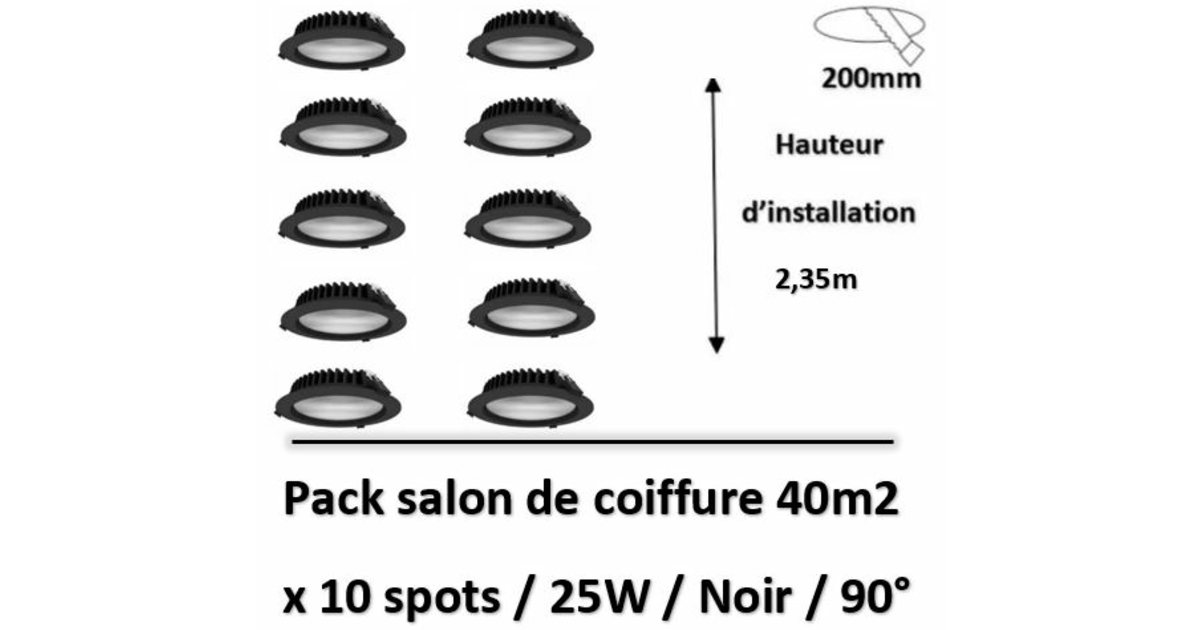 Lited - Pack 40m2 salon de coiffure 3000-4000-5700K 25W NOIR 2450LM ...