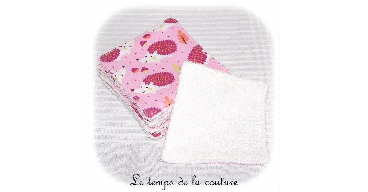 Lot de 6 lingettes lavables micro éponge de bambou motif hérisson ton rose