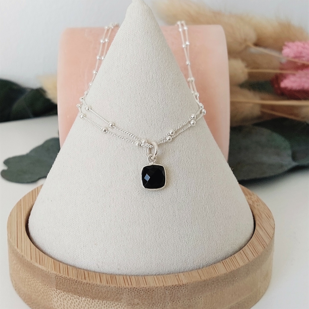 SUZIE Collier Chaine double perlée Argent 925 et Onyx