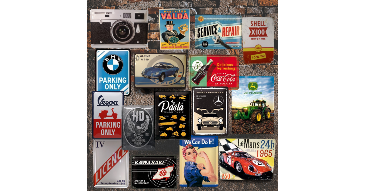 Grand choix de plaques métal publicitaire.