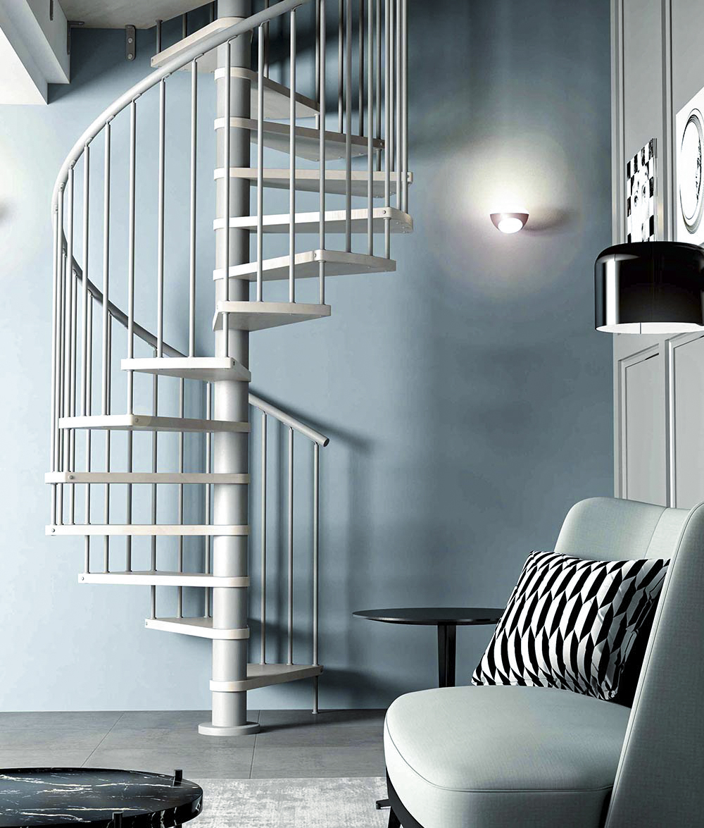 Escalier colimaçon 2 étages en acier et bois C20 Ø 130 cm