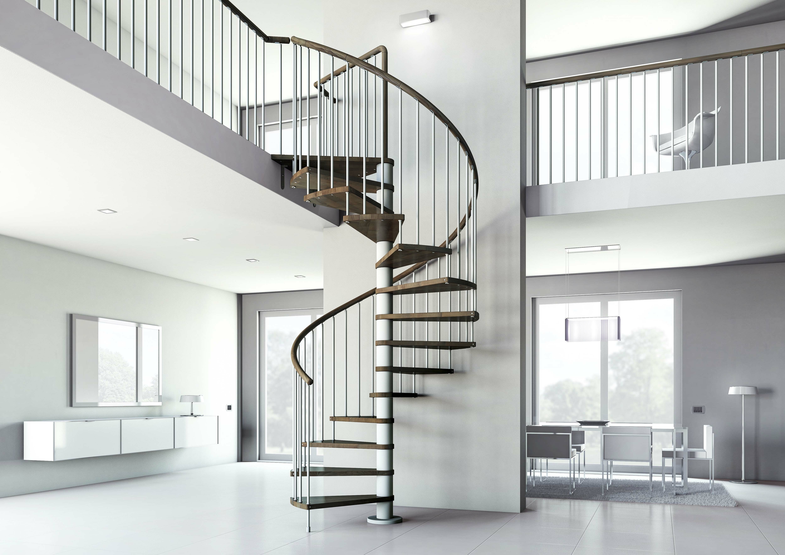 Escalier colimaçon 2 étages en acier et bois C20 Wood Ø 160 cm