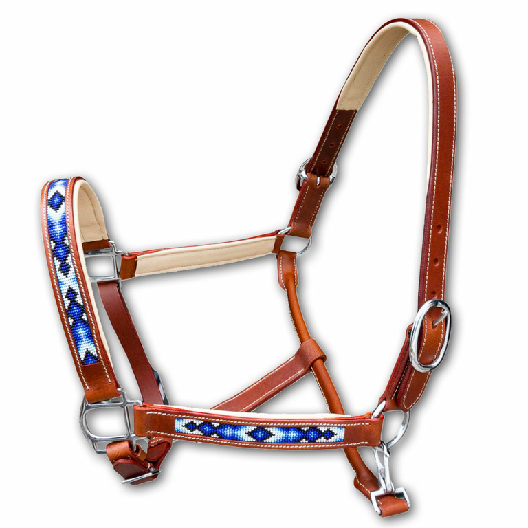 Licol en cuir marron perlé amérindien pour chevaux et poneys YAHTO