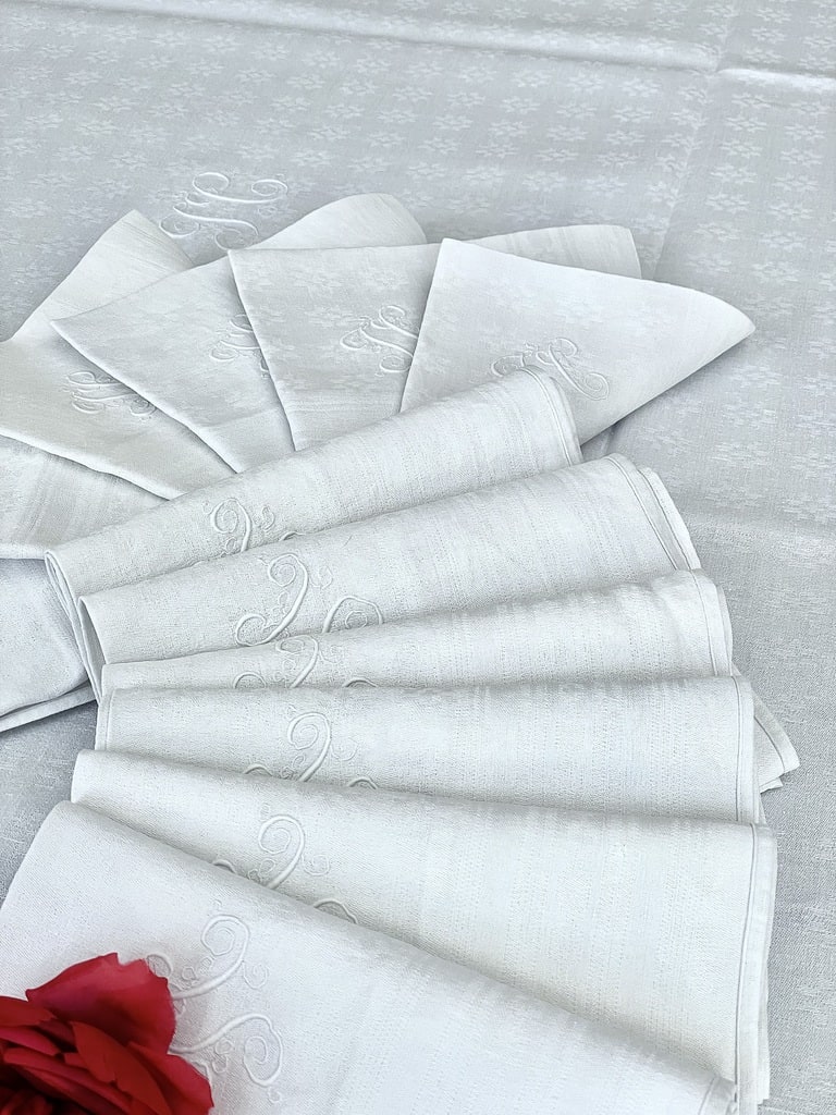 Service de Table 12 Couverts en Lin Damassé - Nappe et Serviettes ...
