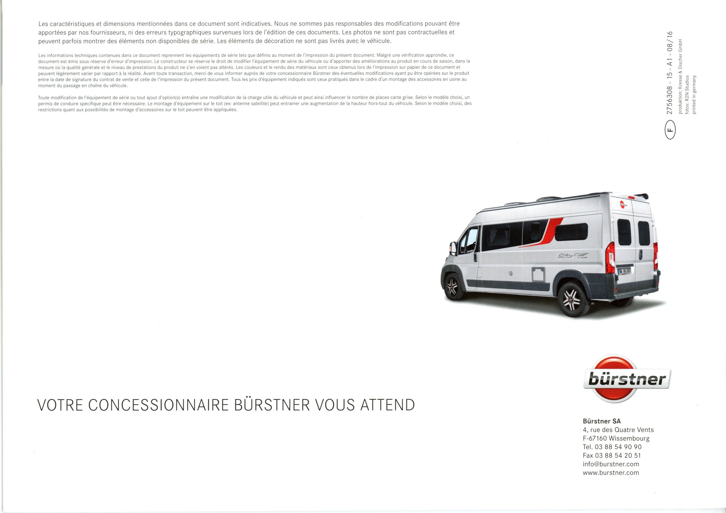 BROCHURE VAN BURSTNER CITY CAR 2017 FOURGON AMENAGE