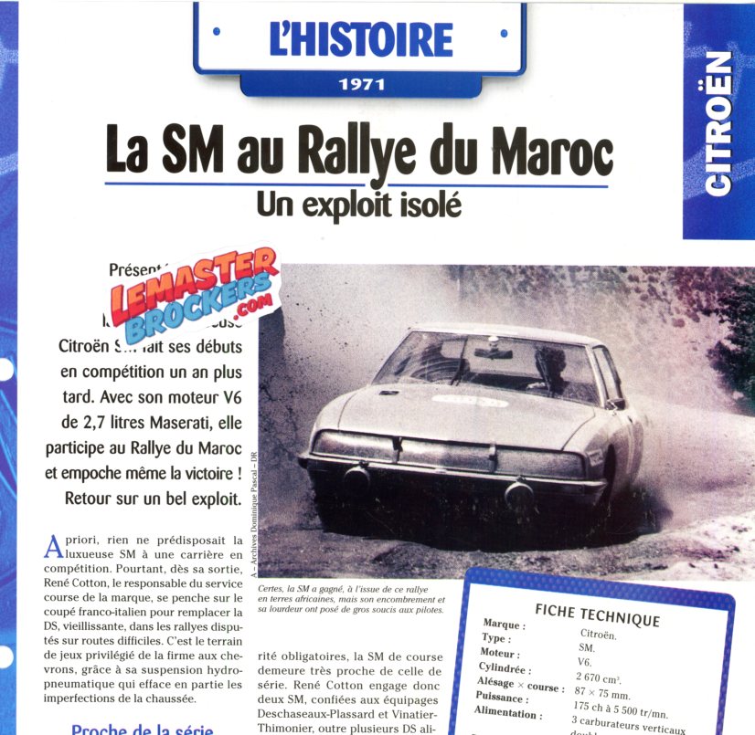 FICHE AUTO CITROEN SM AU RALLY DU MAROC 1971 - FICHES AUTO
