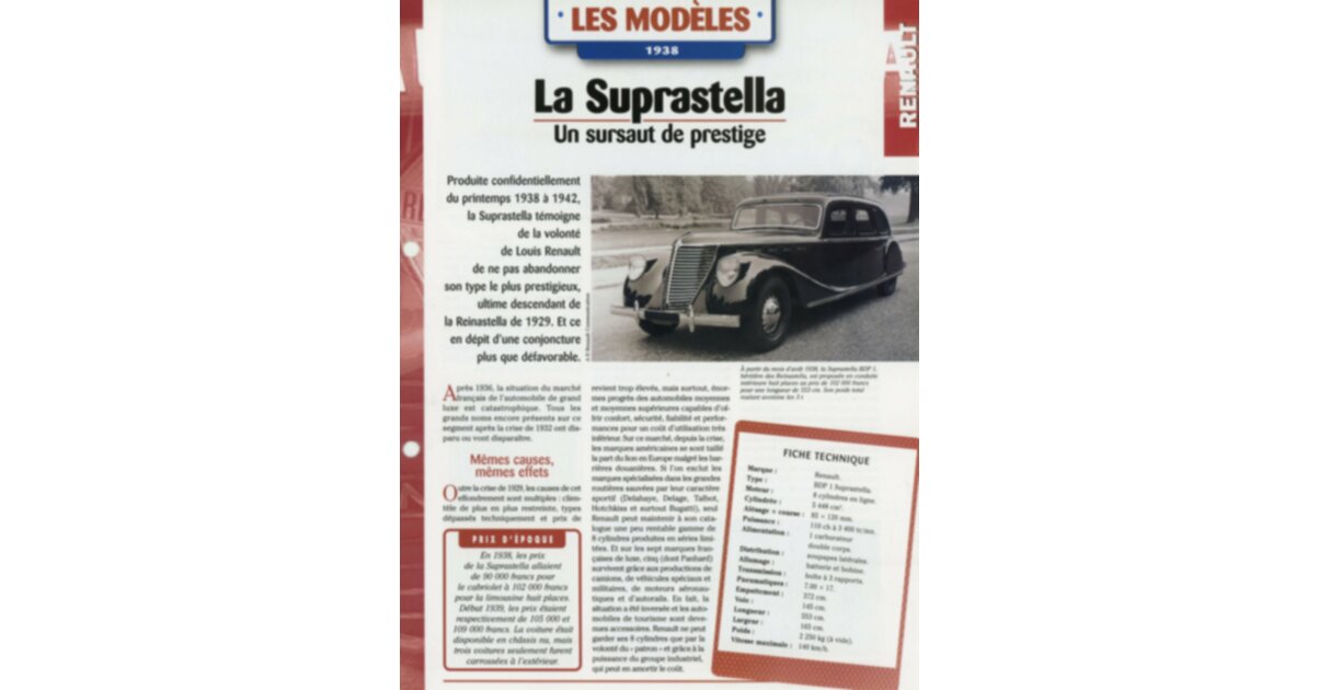RENAULT SUPRASTELLA UN SURSAUT DE PRESTIGE - LES MODÈLES 1938 - FICHE ...